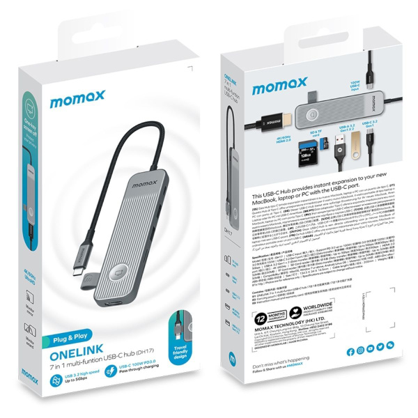 USB-Хаб Type-C Momax ONELINK 7 в 1, Type-C PD 100 Вт, 3xUSB-A, HDMI ...