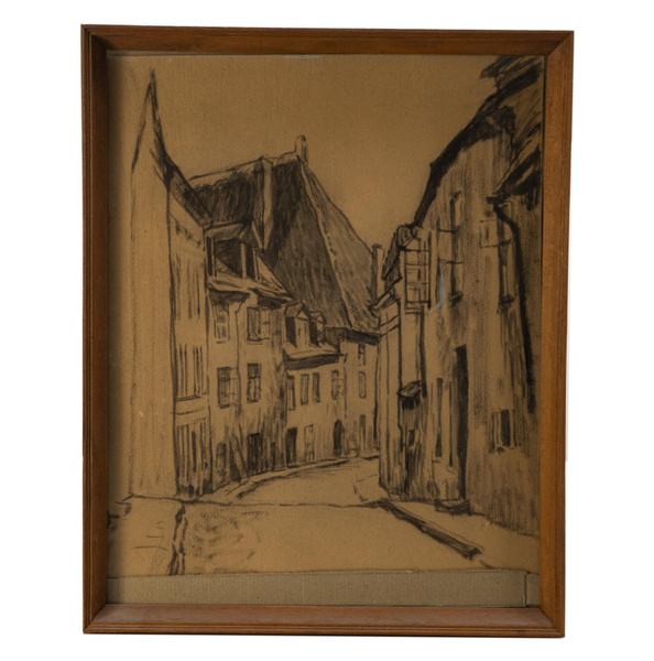 Эскиз винтажный с изображением городского пейзажа, оформленный в раму, неизвестный художник ...