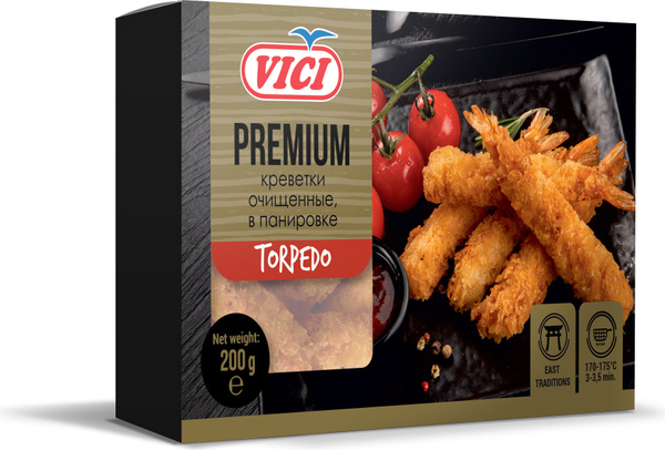 Креветки сырые очищенные с хвостиком в панировке Torpedo VICI, замороженные, 200 г - купить с ...