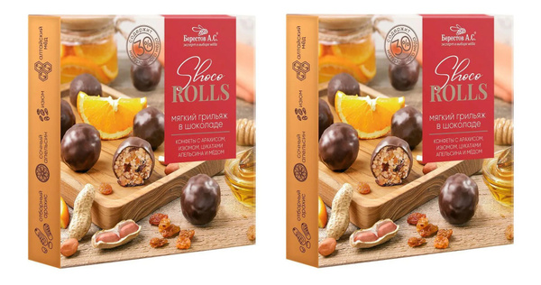 Конфеты Shoco Rolls мягкий грильяж с арахисом, изюмом, цукатами апельсина и медом 135г х 2 штуки ...