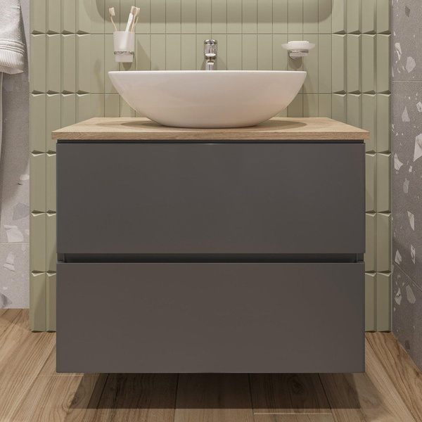 Тумба с раковиной STWORKI Колдинг 80 подвесная, 76 см, накладная, черная, с ящиками, в ...