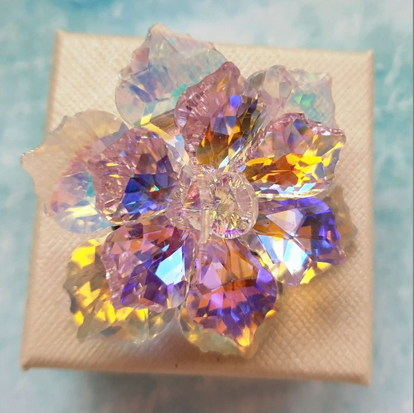 рошь "Цветок рейки", розово-фиолетово-золотой, австрийские кристаллы с ...