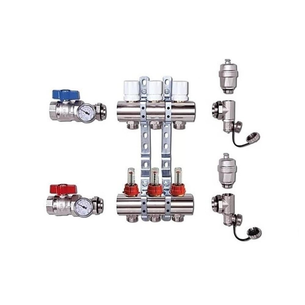 Коллекторная группа ViEiR из нержавеющей стали, с кранами, с расходомерами 3 выхода в сборе 1" х ...