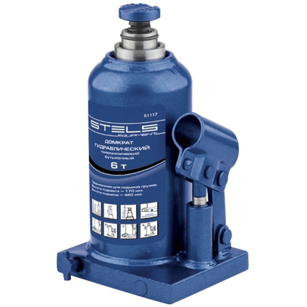 STELS 51117 Домкрат бутылочный 6 т, h min - 170 мм, h max - 420 мм, телескопический - купить с ...