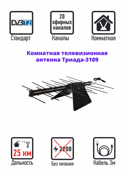 КОМНАТНАЯ НАПРАВЛЕННАЯ ТЕЛЕВИЗИОННАЯ АНТЕННА Триада-3109, пассивная ...