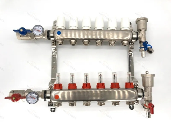 Коллектор для теплого пола в сборе 6 контуров VIEIR НЕРЖ. С КРАНАМИ 1"x3/4" - купить в интернет ...