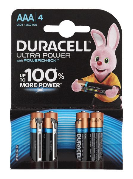 Батарея Duracell Ultra Power LR03-4BL MX2400 AAA, напряжение 1,5 В блистер 4 шт., в упаковке 10 ...