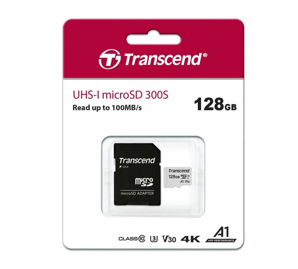 Transcend Карта памяти 300S 128 ГБ (TS128GUSD300S-A, microSDXC + SD адаптер, UHS-I, U3, V30 ...