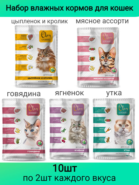 CLAN / Набор влажных кормов для кошек Classic, кусочки в соусе, пауч ...