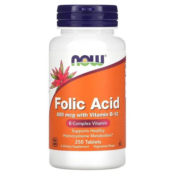 NOW Foods, фолиевая кислота, 800 мкг, 250 таблеток - купить с доставкой ...