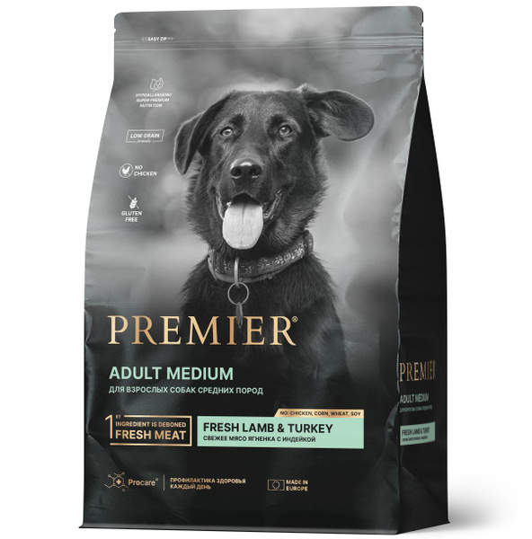 Premier Dog Adult Medium Lamb&Turkey, премьер сухой корм Премьер для ...