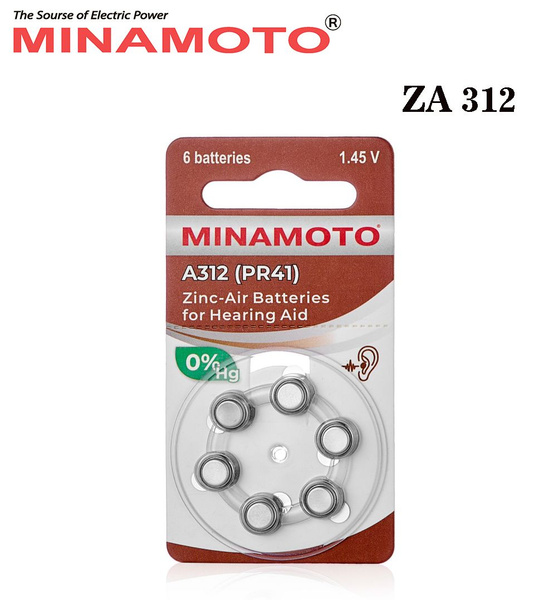 MINAMOTO Батарейка PR41 (ZA312, V312A, DA312), ZincAir (воздушно ...