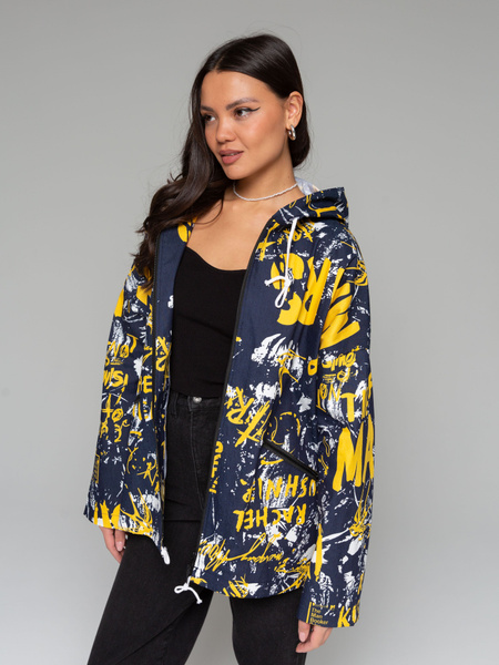 Ветровка Женский HELLO MODA! Капюшон, Карманы темно-синий, желтый Хлопок, Полиэстер, размер 52 ...