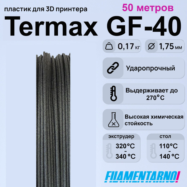 PPS Termax GF-40 черный моток 50 м, 1,75 мм, пластик Filamentarno для ...