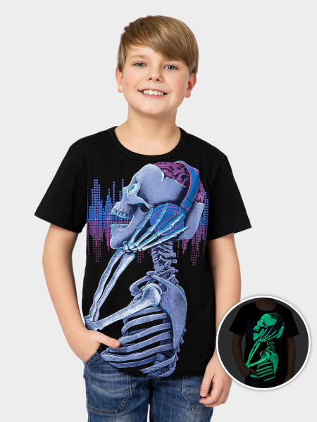 Футболка Мальчики KyKy wear черный Короткий, размер 152, 158 Хлопок Черепа прямой Повседневный ...