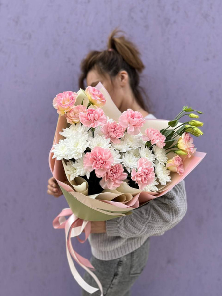 Гвоздика, Хризантема, Эустома Sense flowers, цвет белый, розовый, 14 шт ...