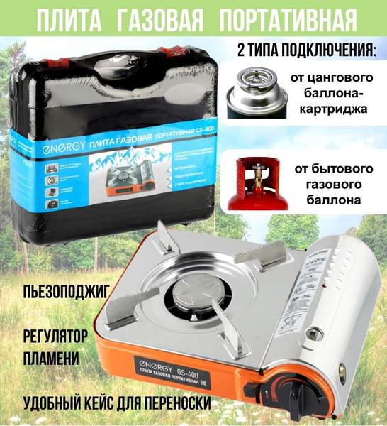 Плита газовая портативная, 2 типа подключения, пьезоподжиг, в кейсе ...