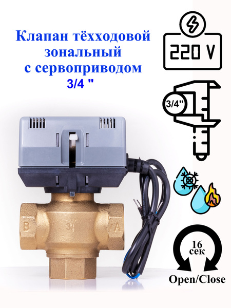 Трёхходовой клапан DanHeat зональный на 3/4". 220V c сервоприводом ...