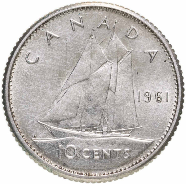 Канада 10 центов 1953-1966 гг серебро 800 пробы AU/UNC со штемпельным блеском, Серебро 800, в ...