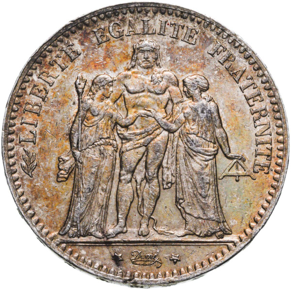 Франция 5 франков francs 1876 "Геркулес", знак монетного двора "A" - Париж, Серебро 900, в ...