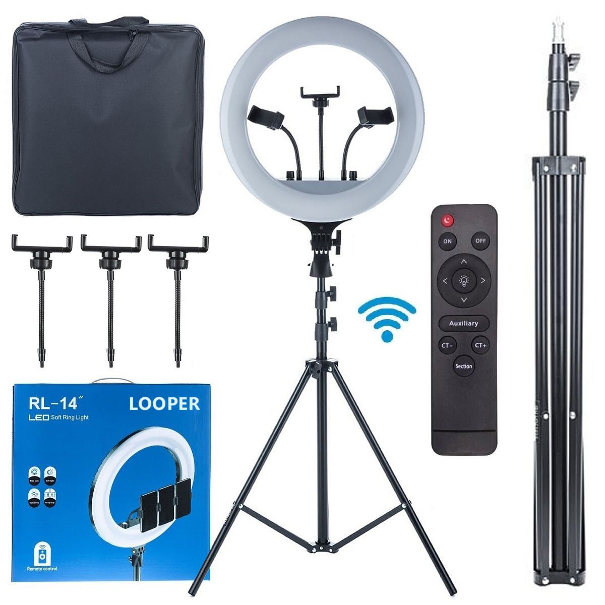 Кольцевая лампа Looper RL-14 36 см со штативом 2 метра, 3 держателями ...