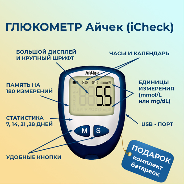Глюкометр Айчек (iCheck) в чехле / тест-полоски Айчек (25шт)/ ланцеты ...