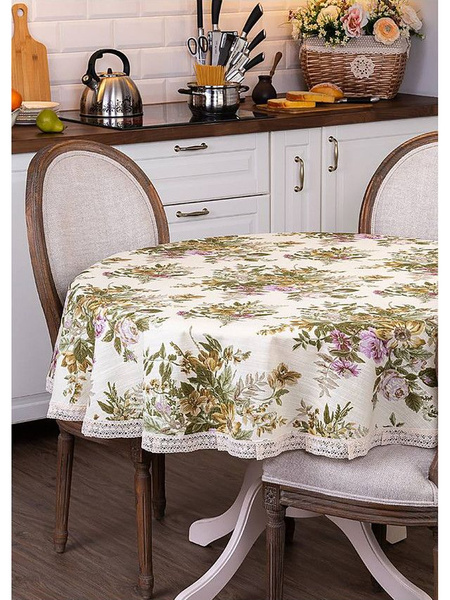 Скатерть на стол / круглая, хлопок / Santalino, Флора, 160 см, шампань ...