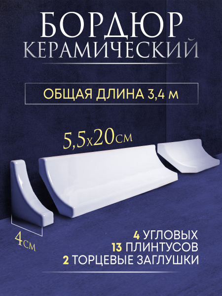 Плинтус керамический бордюр 2.5 20 см x 5.5 см, белый - купить плитку ...
