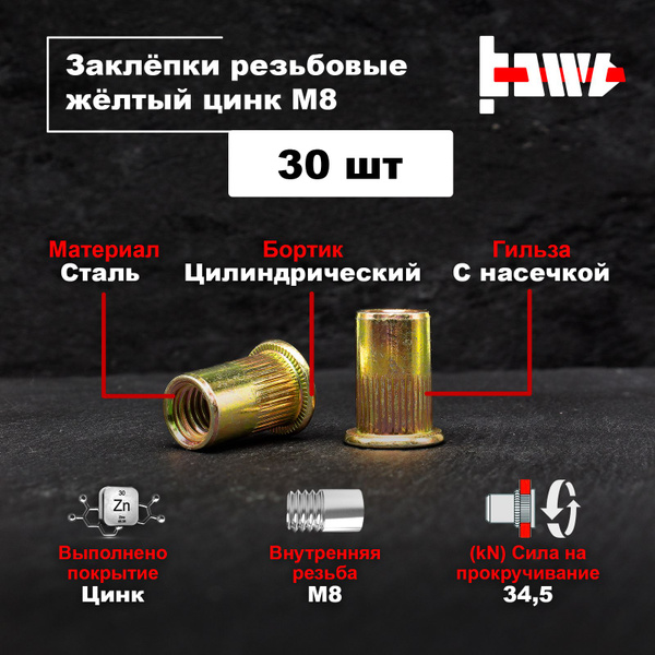 Резьбовые заклепки М8 30шт. стальные, оцинкованные - купить с доставкой ...