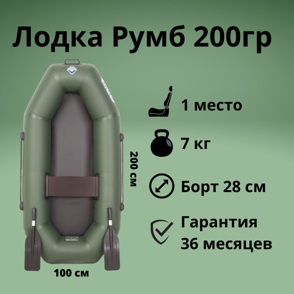 Лодка ПВХ надувная с гребками Румб Р-200 ГР (Зеленый), гребная, для ...