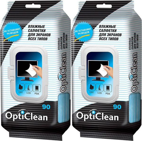 Влажные салфетки OptiClean для экранов, комплект: 2 упаковки по 90 шт ...