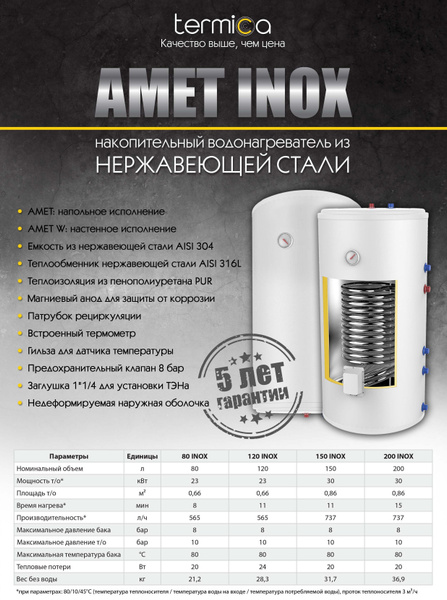 Бойлер косвенного нагрева Termica БКН AMET 120л INOX, НАПОЛЬНЫЙ купить ...