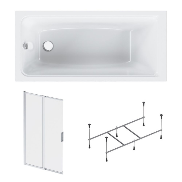 Ванна акриловая AM.PM Gem 150x70 комплект 3 в 1: ванна, каркас и стеклянная штора Jump; литьевой ...