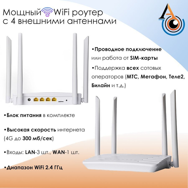 Роутер Axios Wi-Fi под сим-карту с антеннами 4G LTE, белый, 2.4 ГГц ...