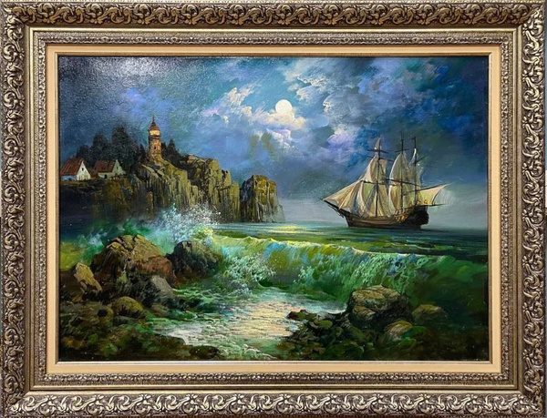 Картина маслом, морской пейзаж "Ночное море". Холст/Масло. Размер 50х70 ...