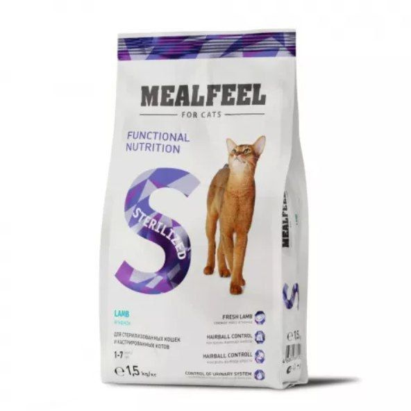Mealfeel Корм сухой для стерилизованных кошек, с ягненком, 1,5 кг ...