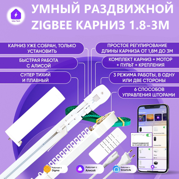 Умный раздвижной 1,76-3м карниз для Алисы Zigbee+RF: мотор + пульт, 6 способов открытия штор в ...