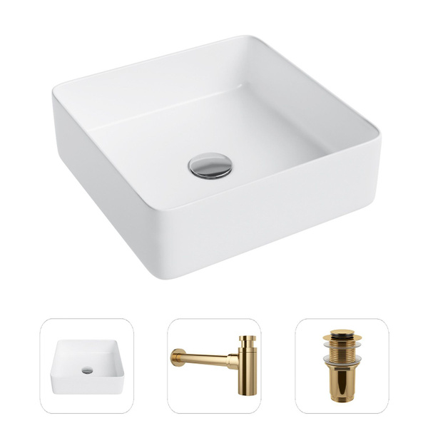 Накладная раковина для ванной Helmken 48837000 комплект 3 в 1: умывальник квадратный 37 см ...