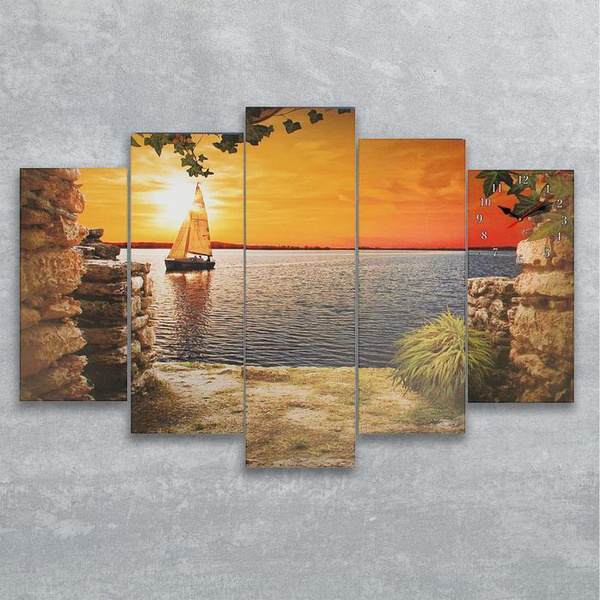 Часы настенные модульные Парусник на закате 80 140 см купить по низкой цене в интернет
