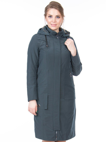 Пальто утепленное Женский Mishele Капюшон зеленый стойка Полиэстер, размер 44 Длинный Демисезон ...