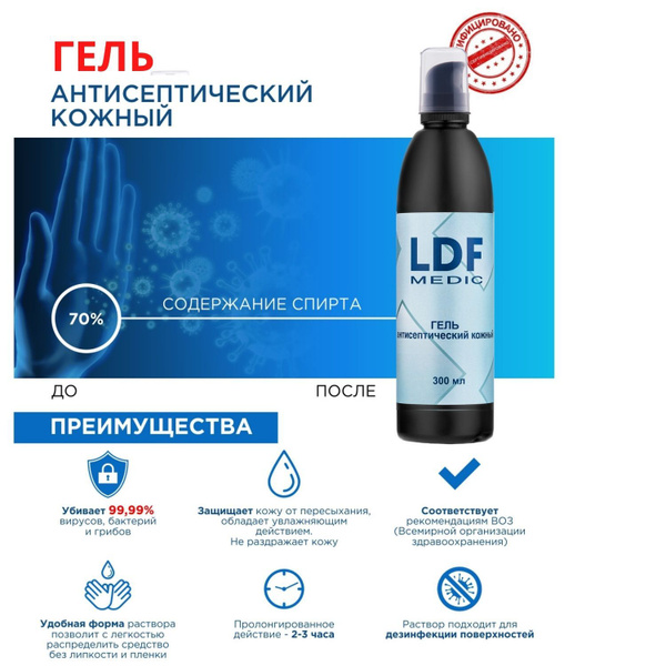 LDF medic, Гель антисептический кожный 70% (санитайзер), 300 мл ...