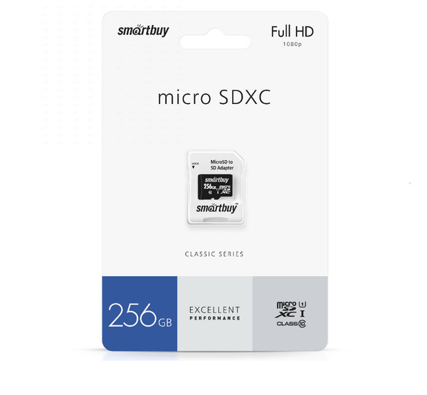 Карта памяти micro SD 256 Gb Smartbuy Class10 с адаптером (UHS-1 ...