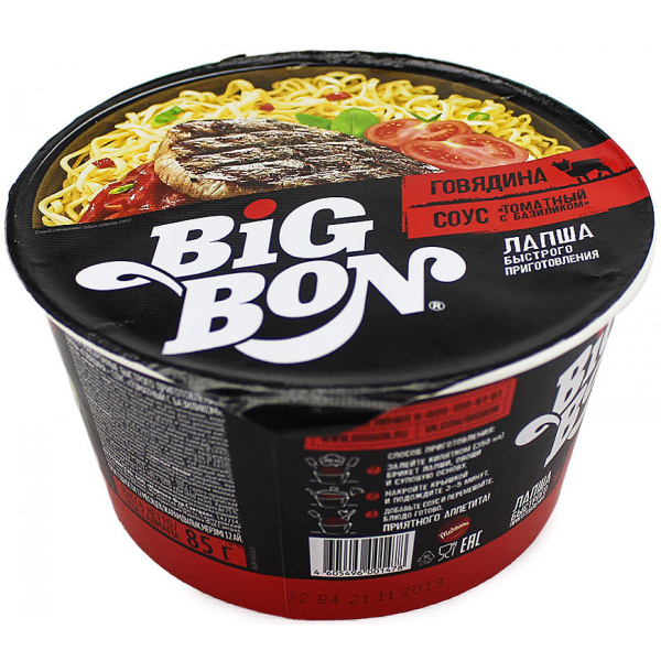 Лапша б.п. "Big Bon" говядина+томат соус с базиликом 85гр*7шт. - купить ...