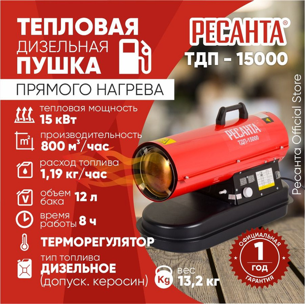 Тепловая дизельная пушка ТДП-15000 Ресанта / 800 м3/ч, мощность 15 кВт ...