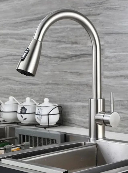 Смеситель для кухни с высоким поворотным изливом и 2х-режимной выдвижной лейкой, нержавеющая ...
