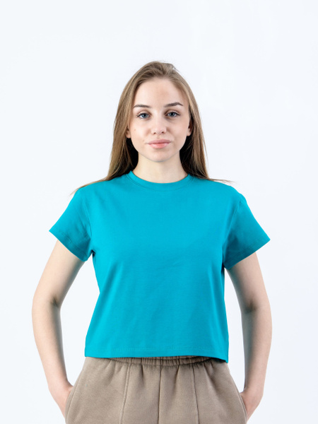 Футболка Женский BITSUN бирюзовый Короткий, размер 44 Кулирная гладь, Хлопок Однотонный оверсайз ...
