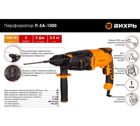 Перфоратор Вихрь П-5А-1000 - купить в интернет-магазине OZON с ...