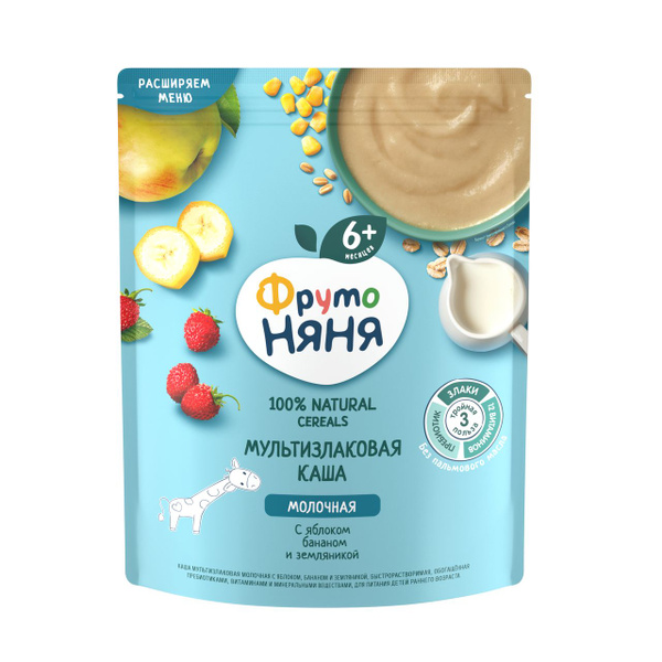 Каша ФрутоНяня мультизлаковая с яблоком бананом и земляникой молочная ...