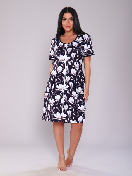 Халат Женский GENJO Домашний Карманы темно-синий Молния Хлопок, размер 56 Короткий Россия ...