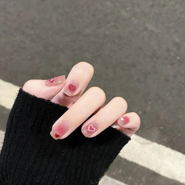 Накладные ногти с дизайном 24 шт клей с клеем длинные с сердечками розовые белые френч